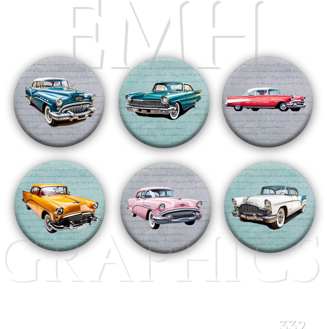 Vintage Car Magnets, Retro Looking Auto Magnets, 1.5 Inch Round, Fridge ...