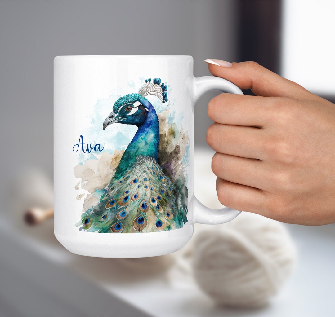 Personalized Peacock Mug, Colorful Exotic Bird Cup, Custom Gift for Her ...
