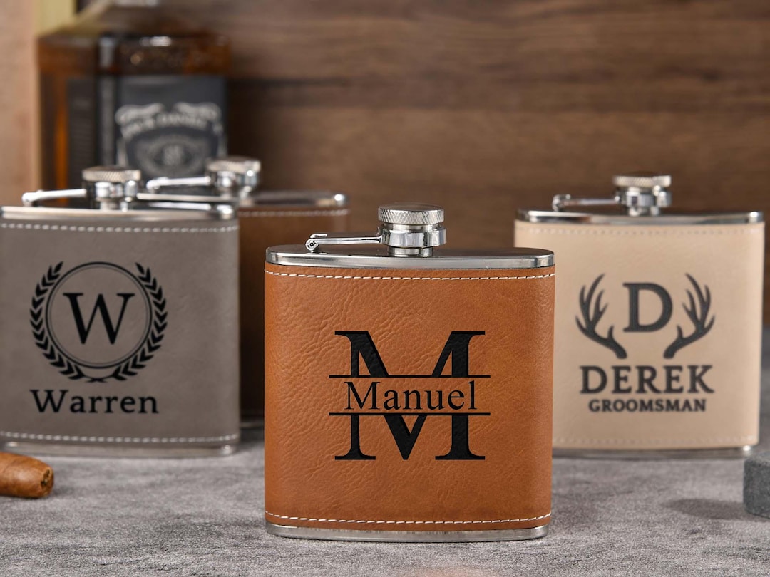 Initials Groomsman Flask, Personalized Flask for Men, Engraved Leather ...