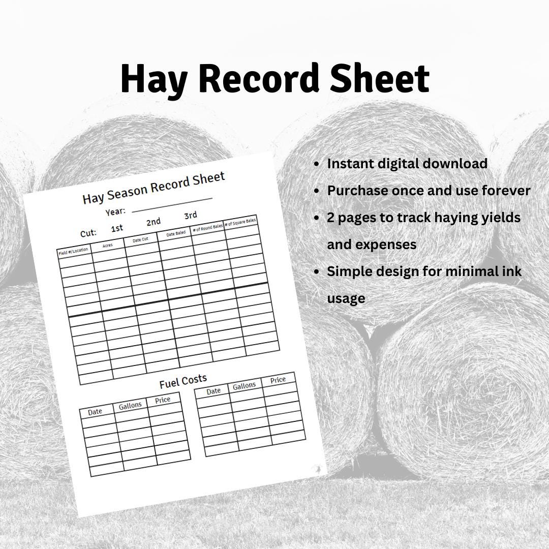 Hay Season Record Sheet Haying Inventory Record Farm Management Record ...