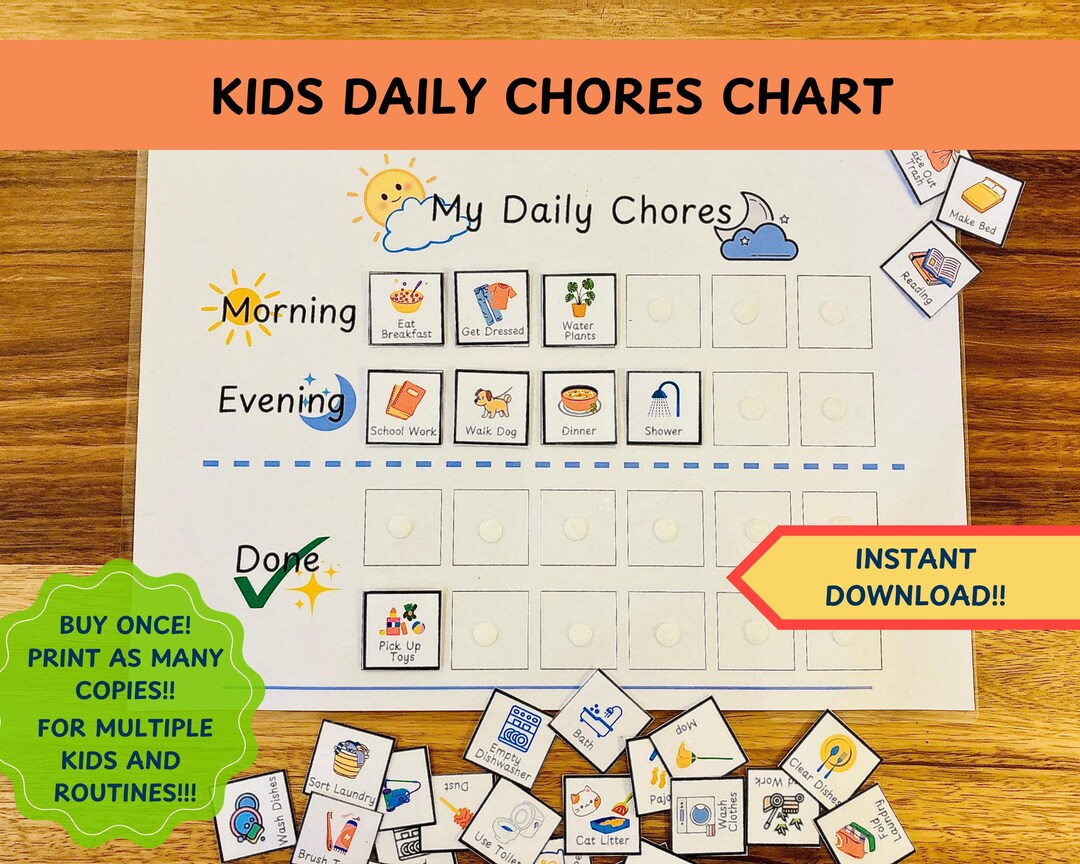 Kids Daily Responsibilities Chart, Printable Daily Routine, Chore Chart, Morning Evening ...