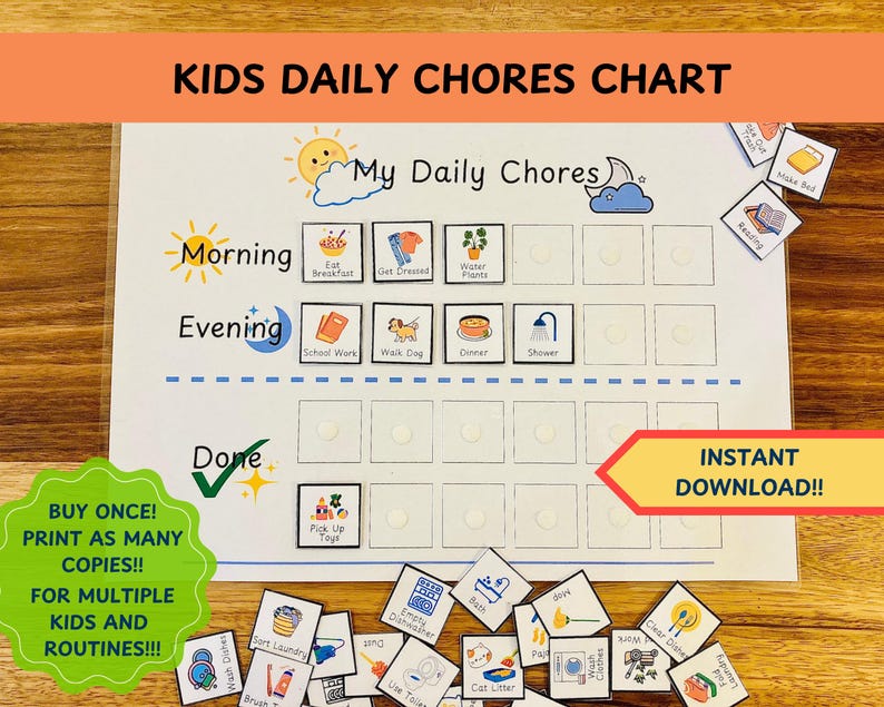 Kids Daily Responsibilities Chart, Printable Daily Routine, Chore Chart ...