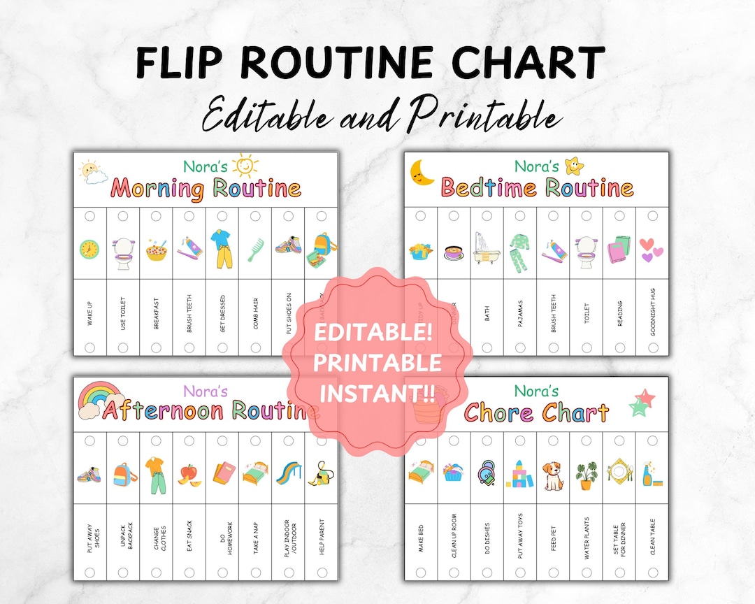 Kids Flip Routine Chart Bundle Editable, Printable Folding, Morning ...