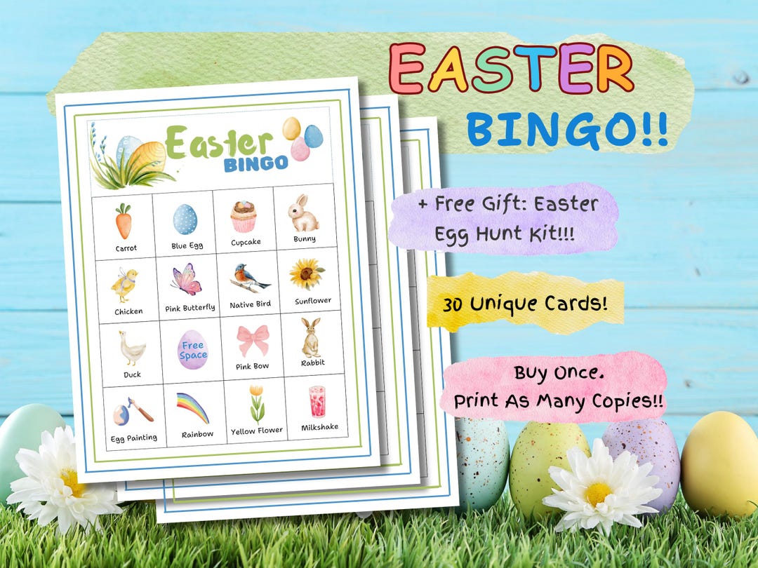 Easter Bingo Cards Printable Game, Bonus Easter Egg Hunt Kit, Easter ...