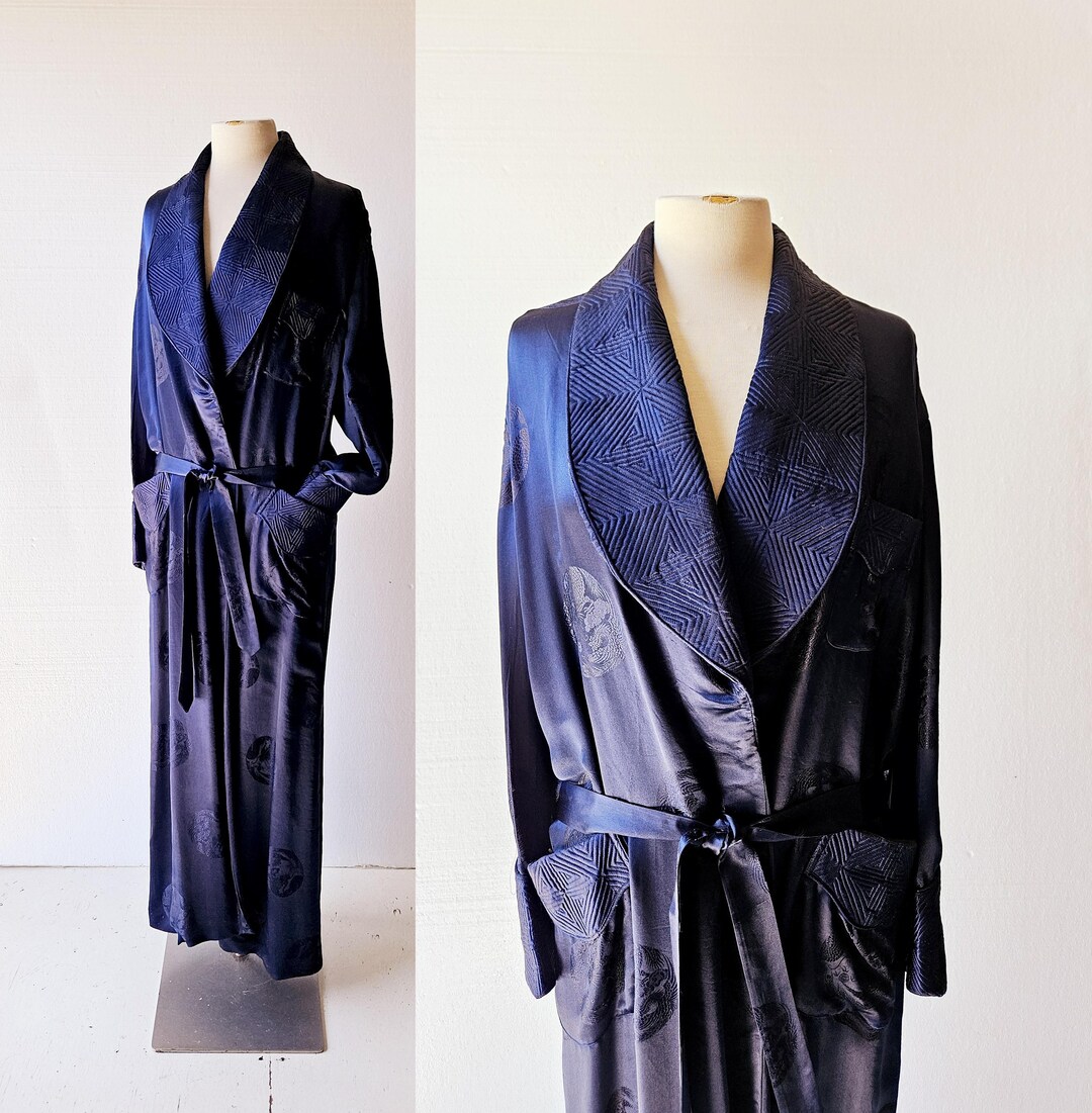Vintage Dragon Robe | 60s Dressing Gown | Blue Satin Robe | M L - Etsy