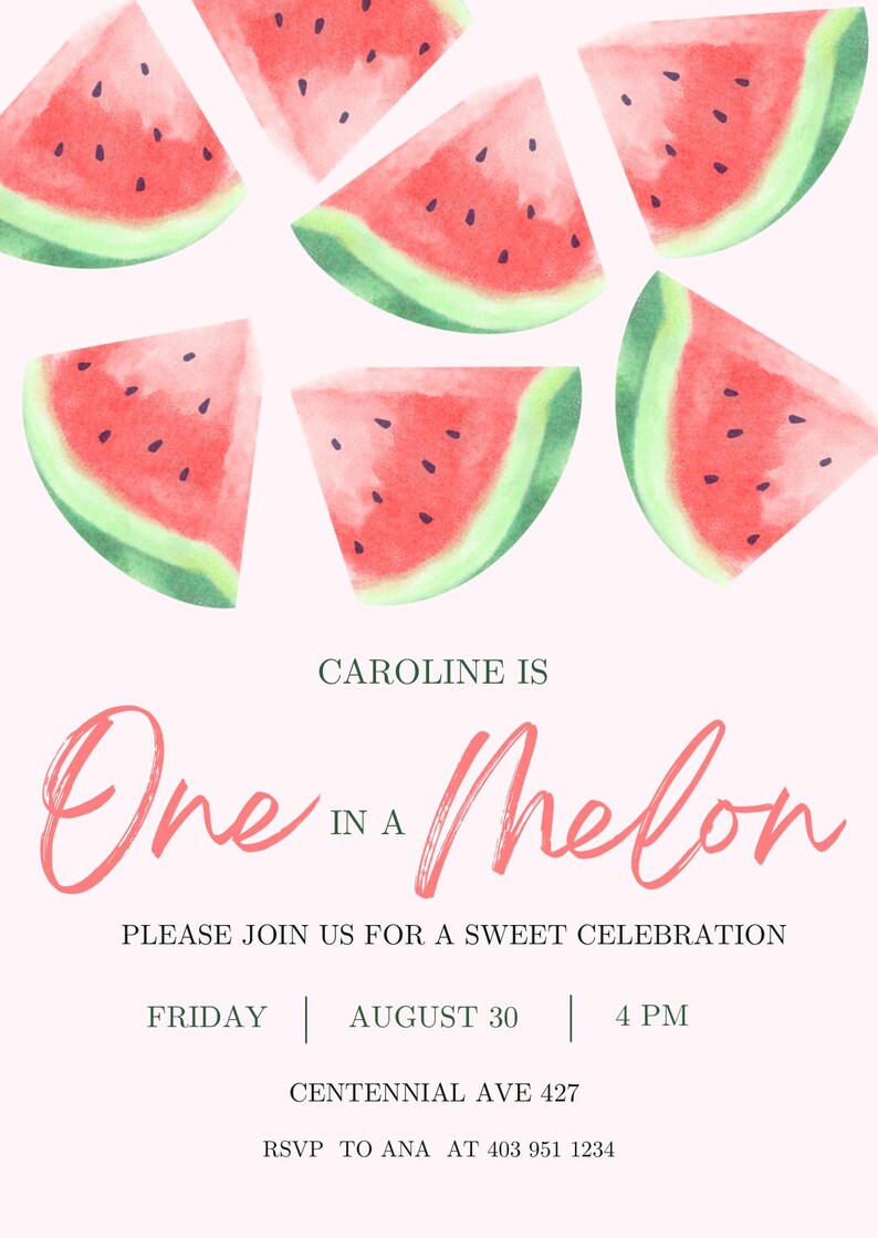 Watermelon Birthday Invitation, Watermelon Party, One in a Melon, First ...