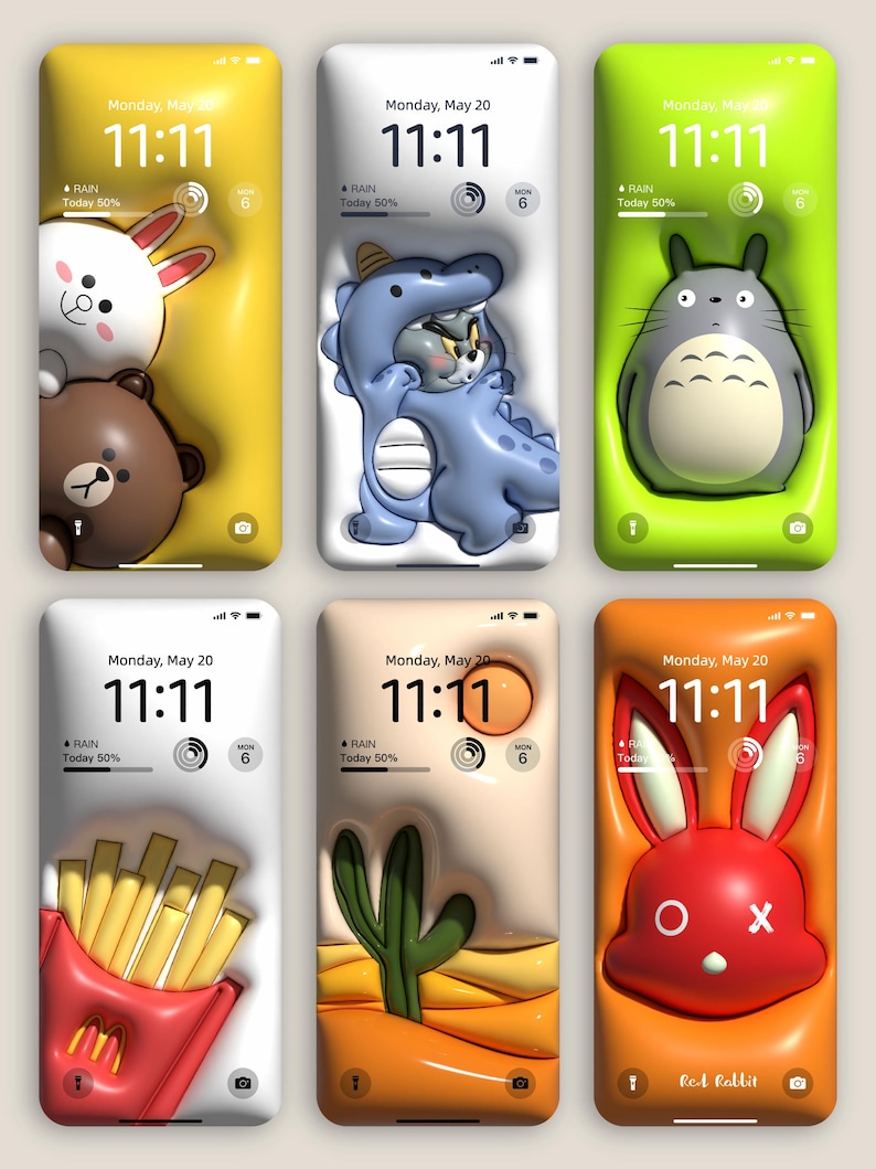 6 Cartoon 3D iPhone Wallpaper Bundle | Digital Download | Ios Home ...