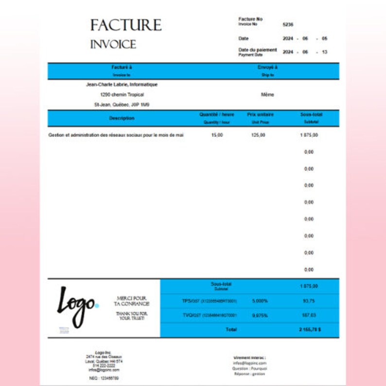 Editable Invoice Template, Bilingual, Small Business, Excel, Automated ...
