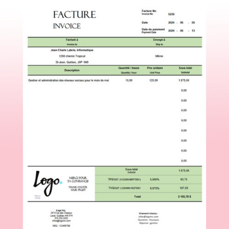 Editable Invoice Template, Bilingual, Small Business, Excel, Automated ...