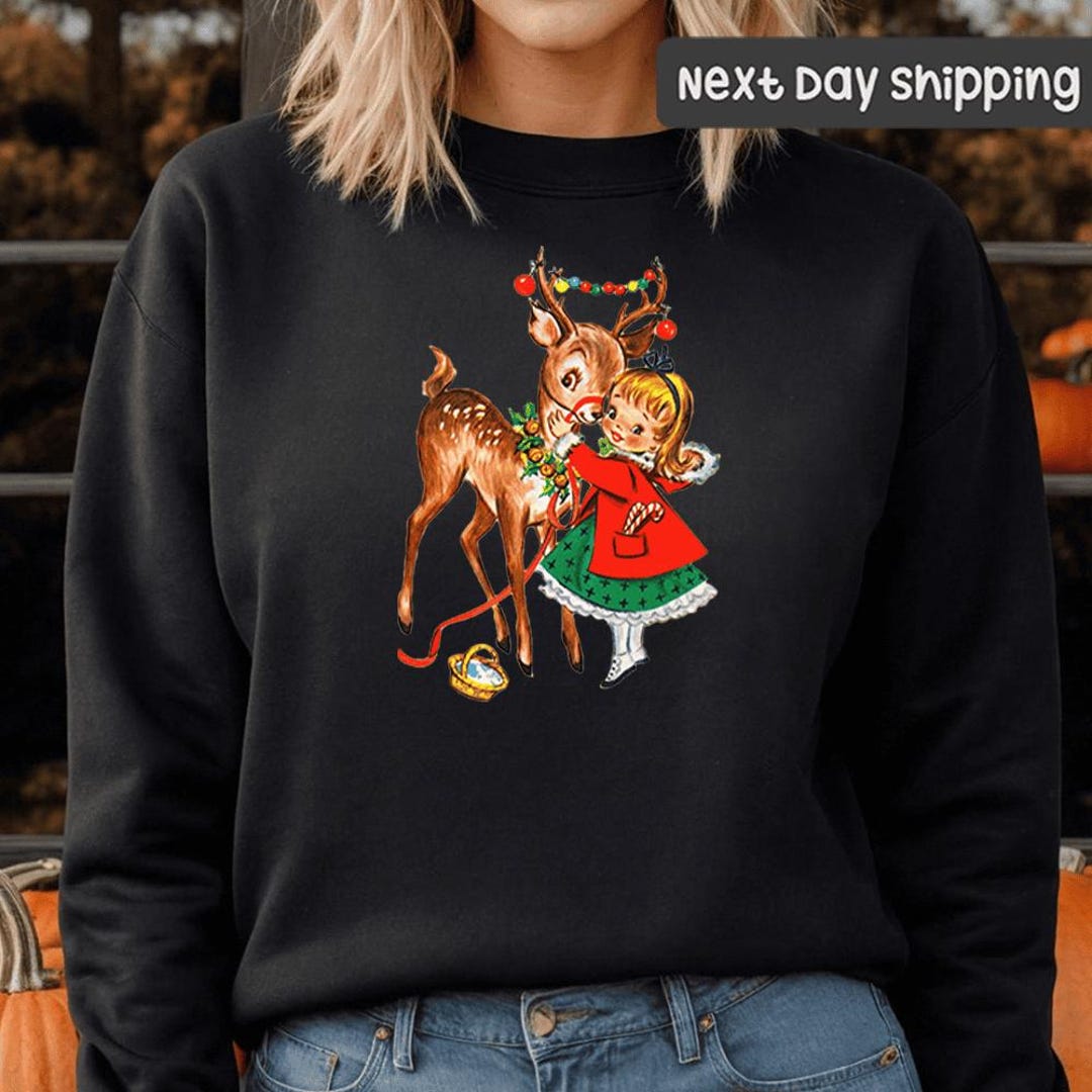 Vintage Christmas Girl and Reindeer Sweatshirt, Retro 1950's Christmas ...