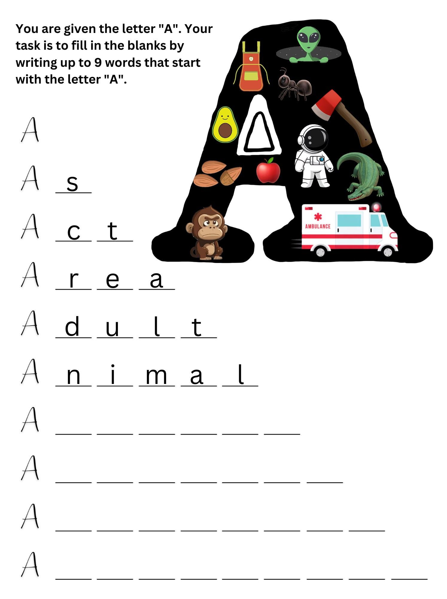 Kids Learning Activity | Alphabet Challenge Worksheet | Vocabulary ...