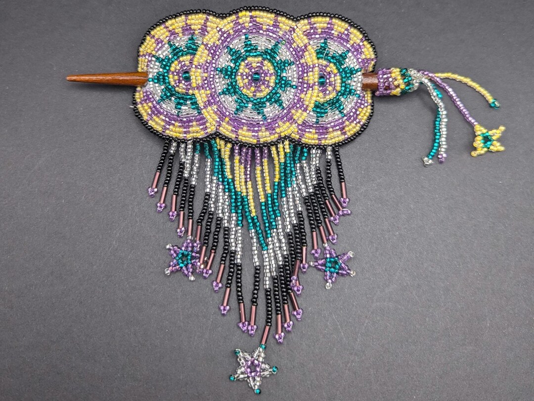Native American Handmade Beaded Hair Pin With Fringe, Large Beaded Hair ...