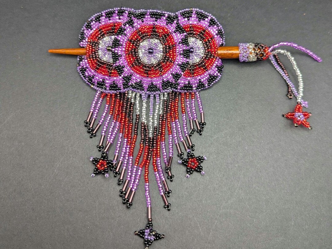 Native American Handmade Beaded Hair Pin With Fringe, Large Beaded Hair ...
