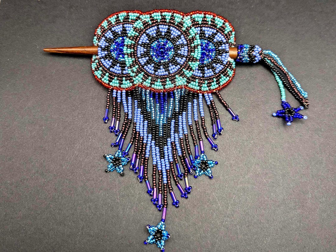 Native American Handmade Beaded Hair Pin With Fringe, Large Beaded Hair ...