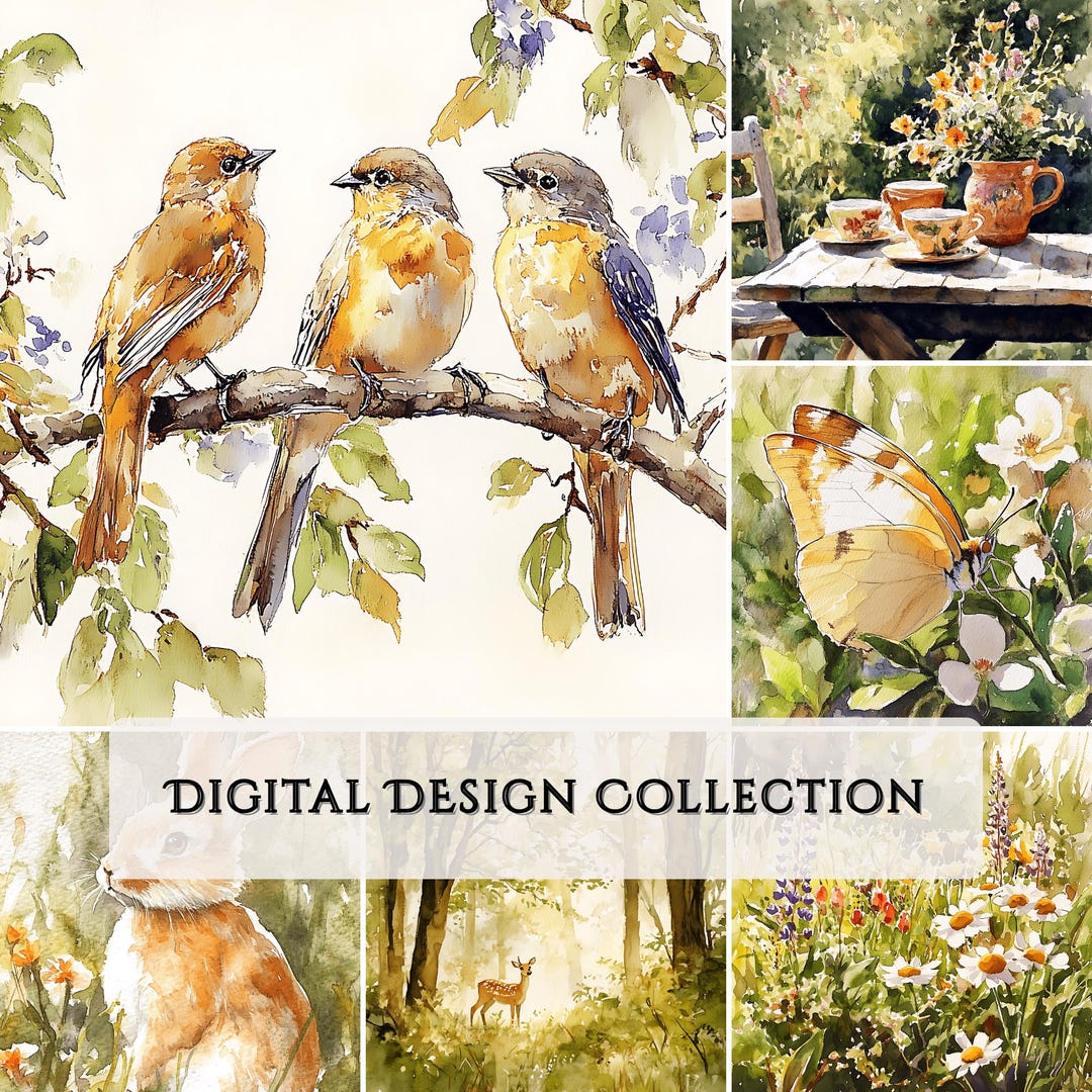 Cottage Garden Watercolor Bundle | Forest Stream House Birds | Nature ...