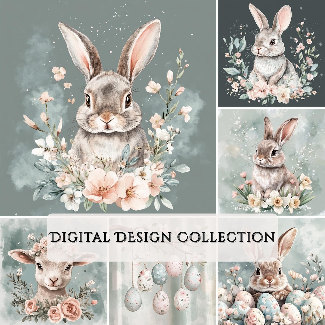 Watercolor Spring Bunny PNG Collection | Floral Nature Art | Digital ...