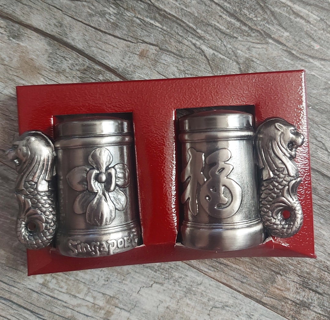 Pewter Salt & Pepper Shakers, Merlion Handle Vintage Small Singapore ...