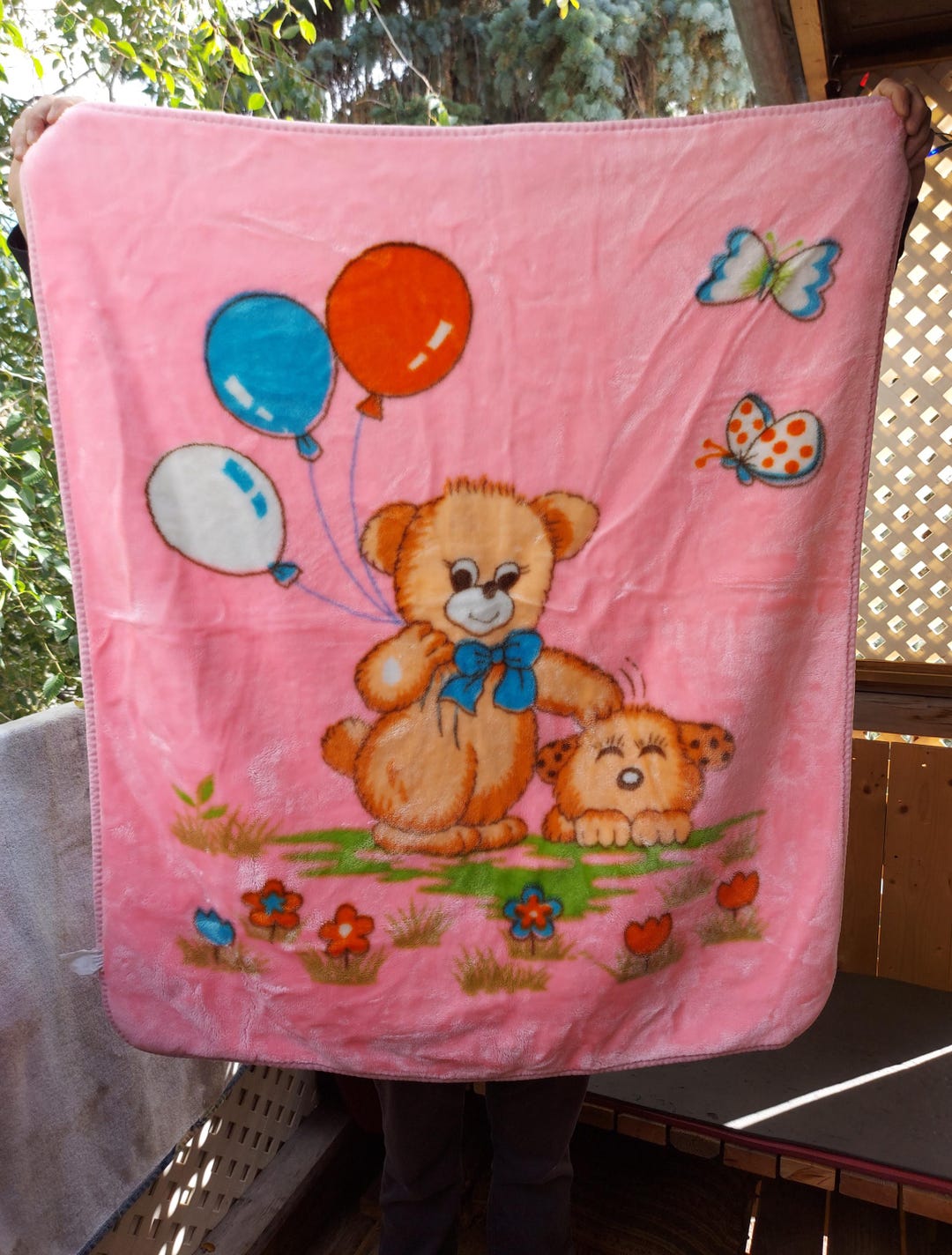 Vintage ECU Pastel Pink Baby Blanket Bear Balloons Butterfly Puppy - Etsy