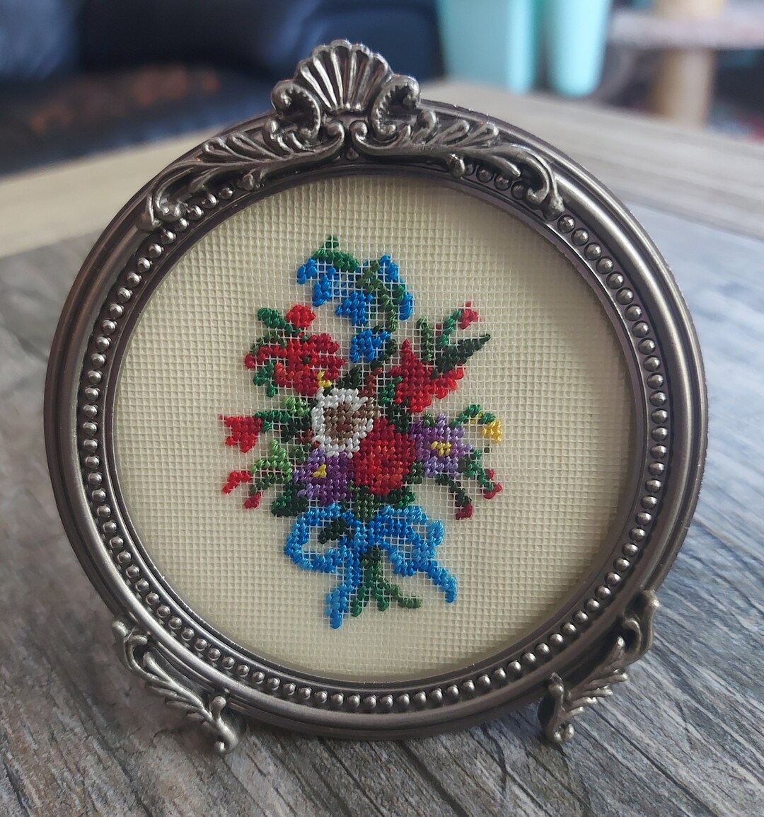 Vintage Petit Point Embroidered Flowers in Silver Picture Frame - Etsy