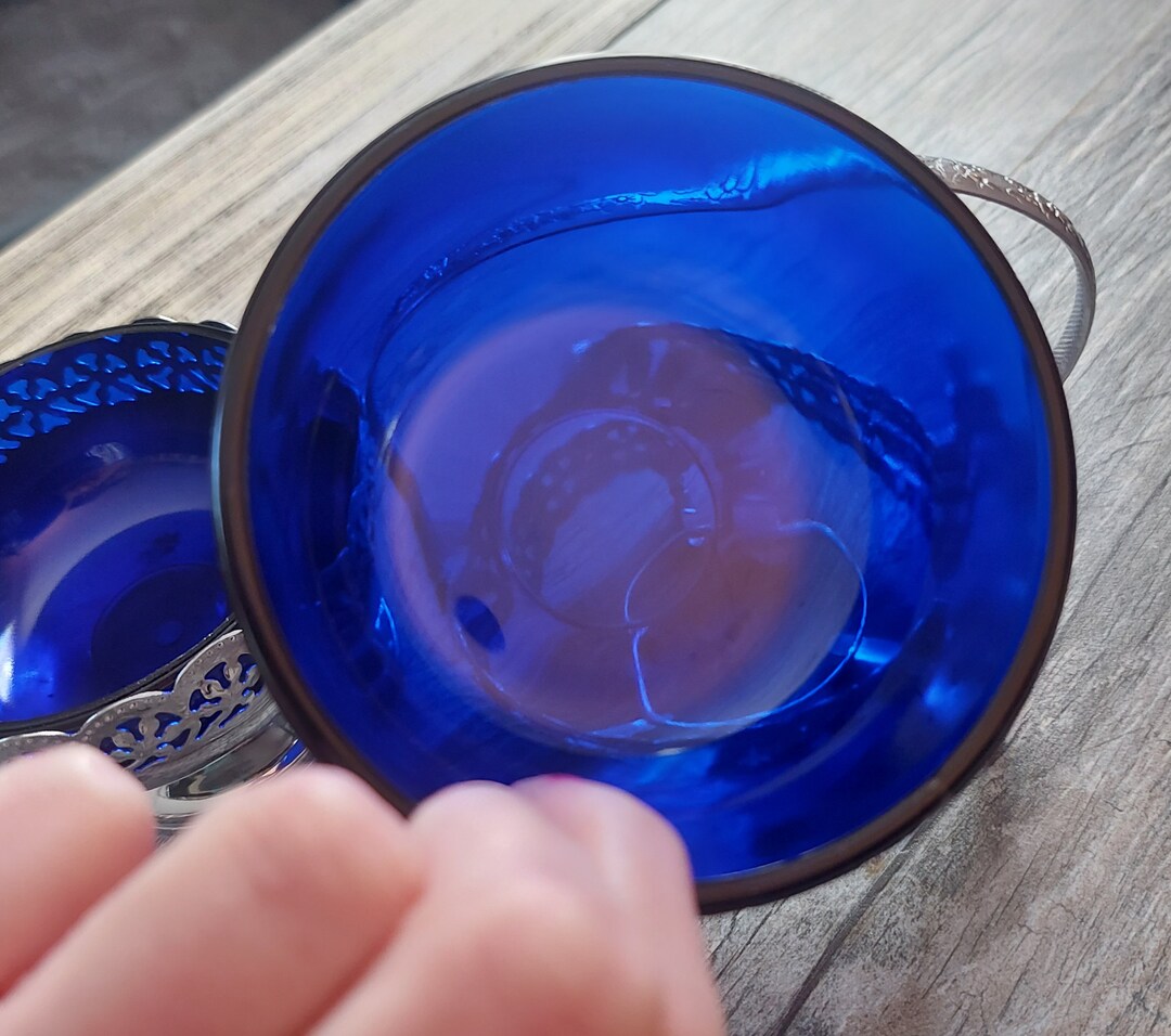 Cobalt Blue Set of Two Silver Chrome Blue Glass Sugar Dish Trinket Bowl ...