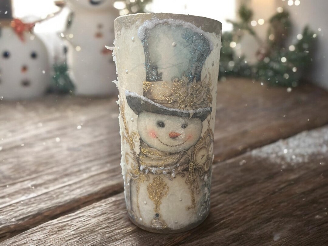 6" Snowman Pillar Candle With Batteries, Hand Painted and Decoupage ...