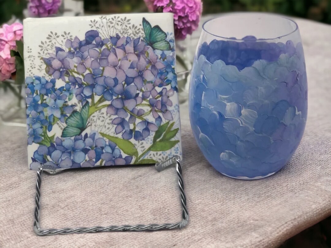 Hand Painted Hydrangea Stemless Glass With Match Decoupage Tile Coaster ...