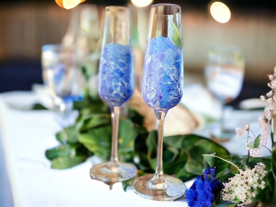 Hand Painted Hydrangea Crystal Champagne Flutes, Glasses Hand Painted ...