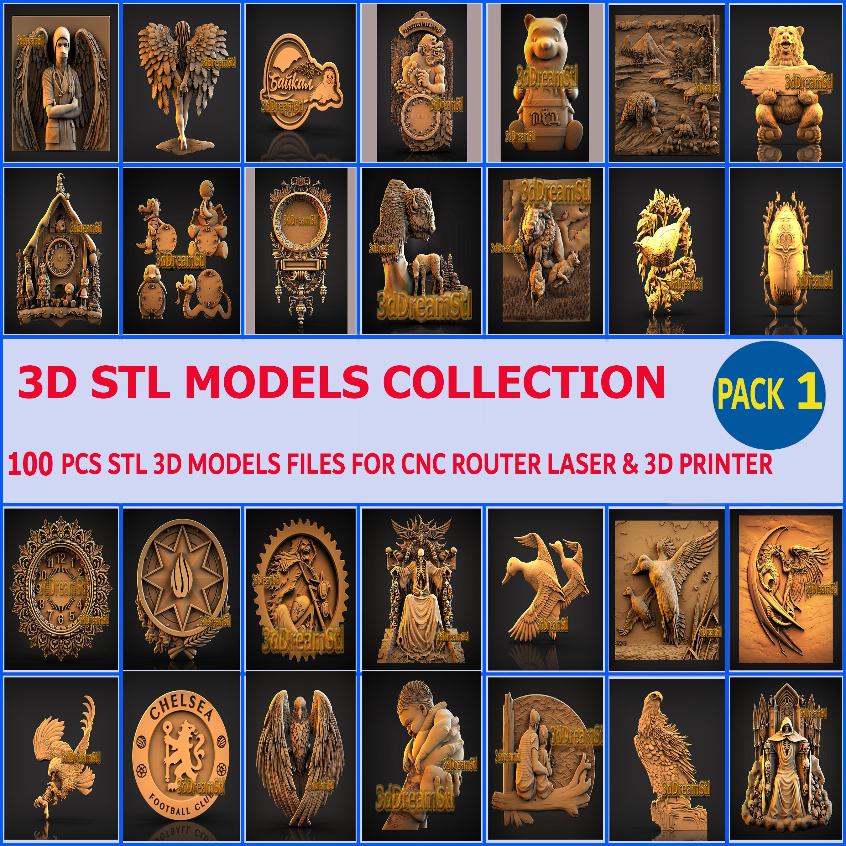 PACK 1 Includes 100 Pcs 3D STL Models Collection,wall Decor,stl File ...