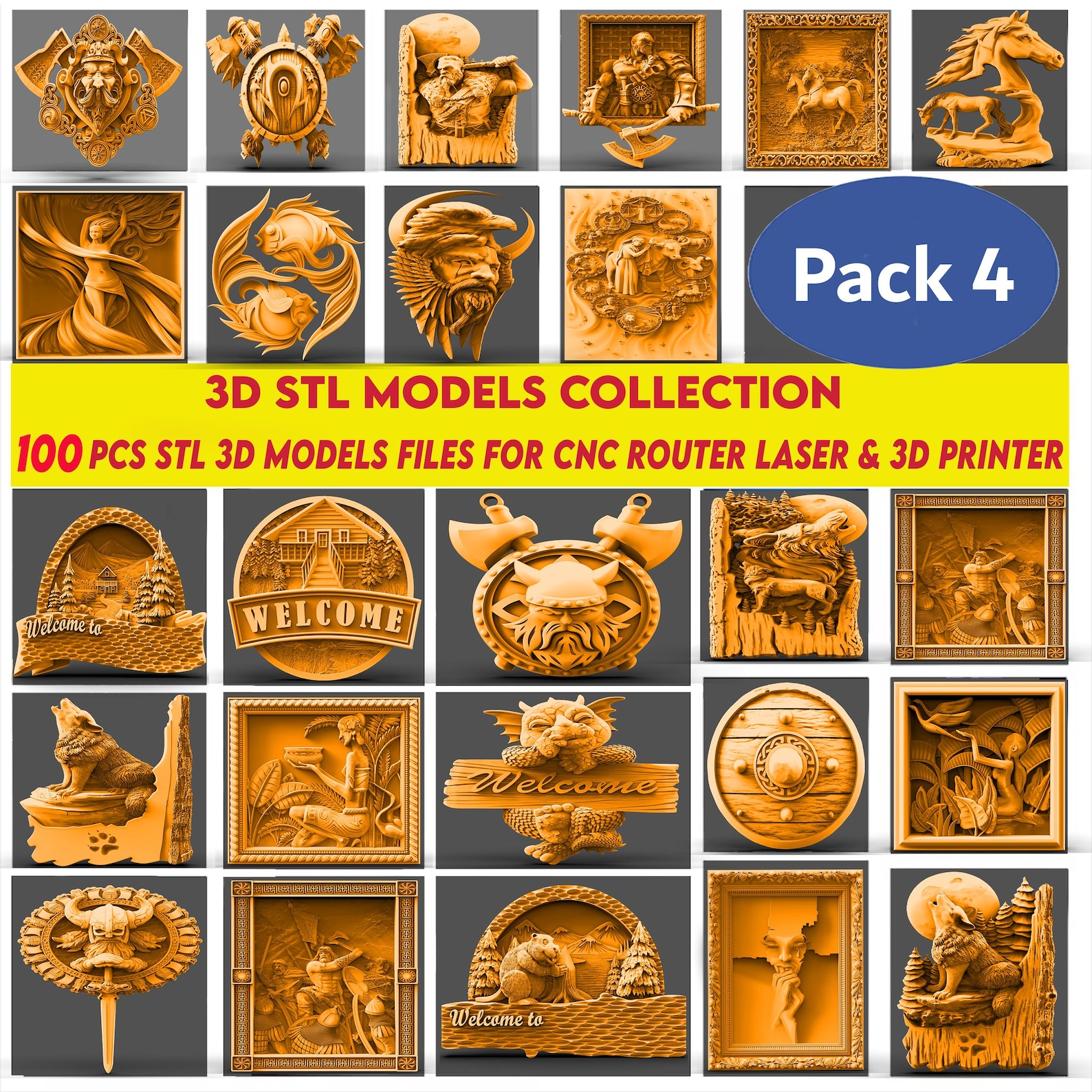 PACK 4 Includes 100 Pcs 3D STL Models Collection,wall Decor,stl File ...