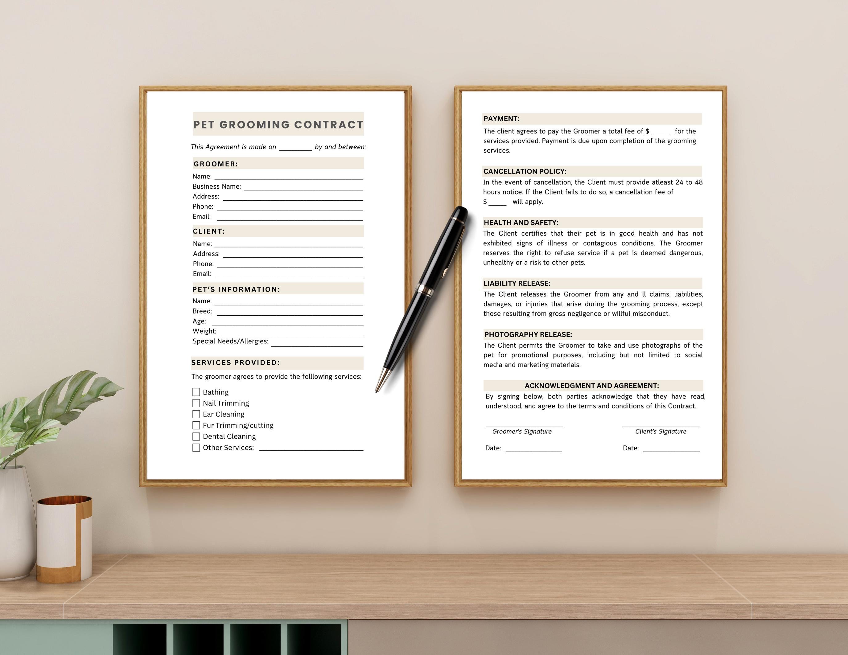 Pet Grooming Contract Printable, Pet Client Grooming Agreement, Dog Cat ...