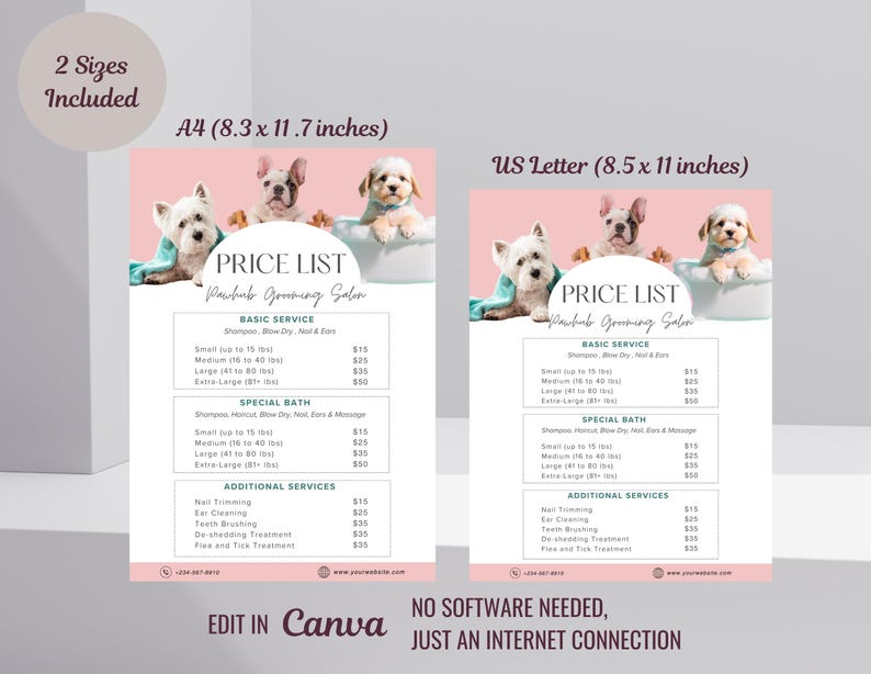 Pet Salon Grooming Price List Canva Template, Pet Groomer Editable ...