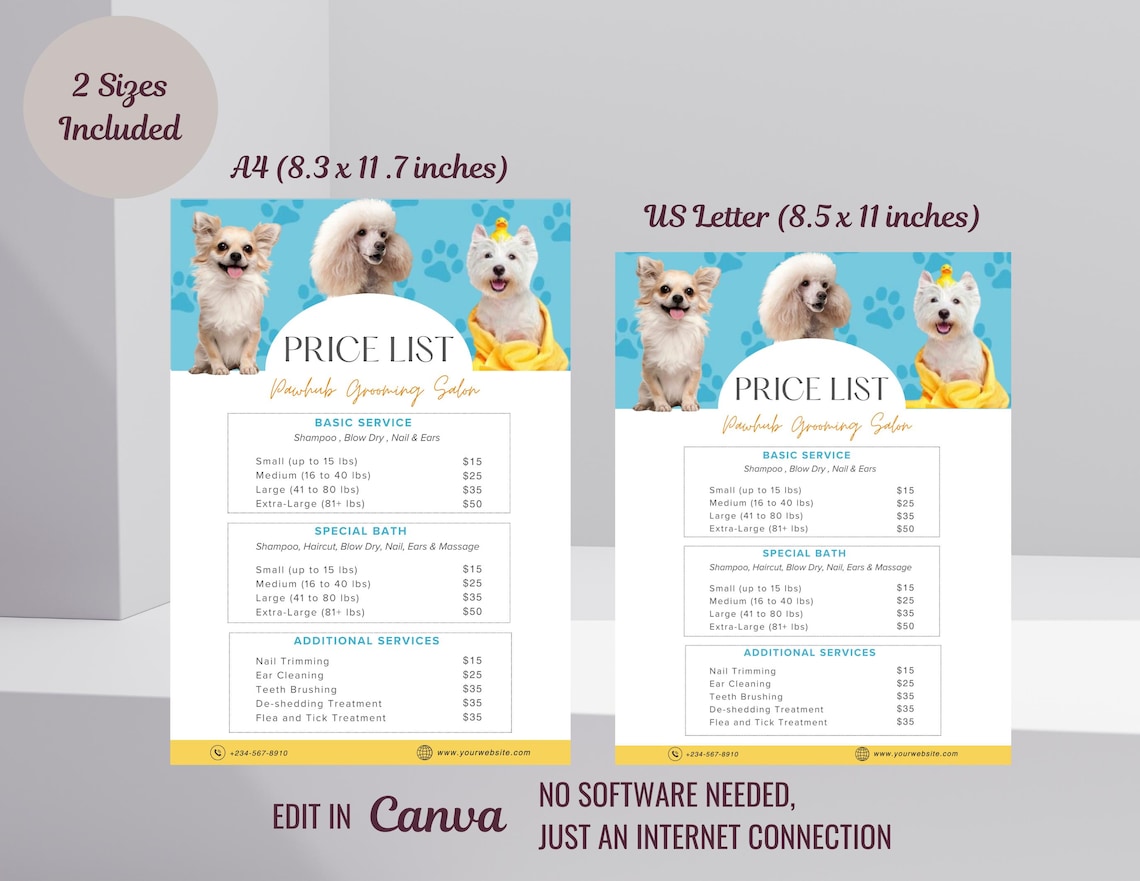 Pet Salon Grooming Price List Canva Template, Pet Groomer Editable ...