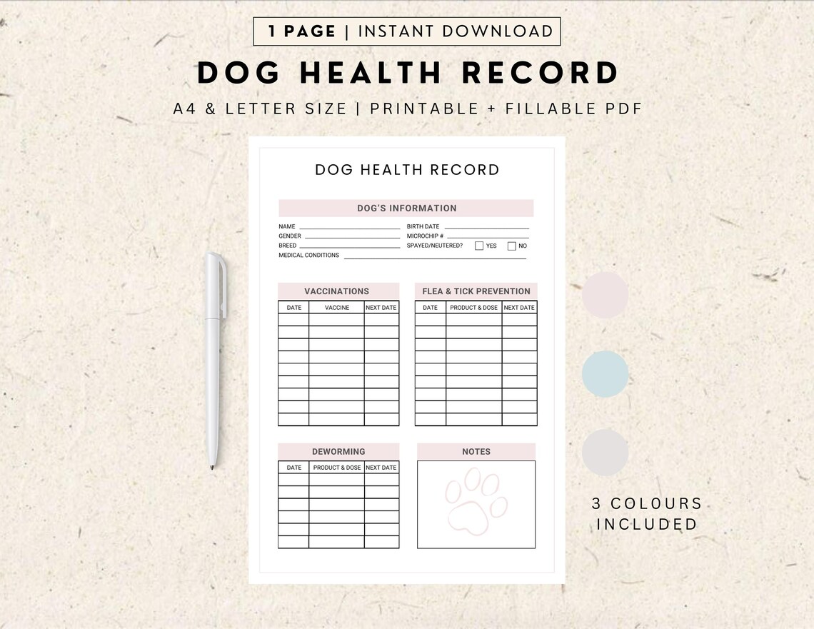 Dog Health Record, Pet Health Record, Dog Breeder Forms, Dog Owner ...