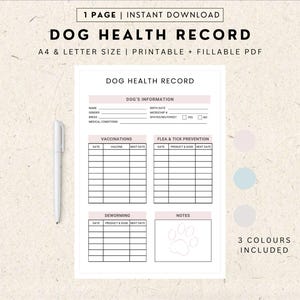Dog Health Record, Pet Health Record, Dog Breeder Forms, Dog Owner ...