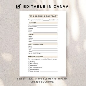 Pet Grooming Contract Printable, Pet Client Grooming Agreement, Dog Cat ...