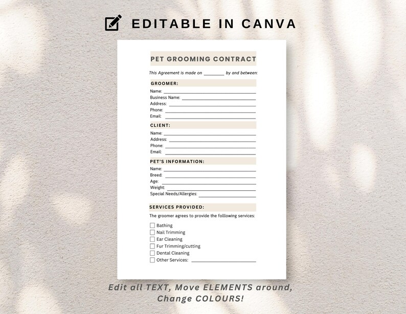 Pet Grooming Contract Printable, Pet Client Grooming Agreement, Dog Cat ...