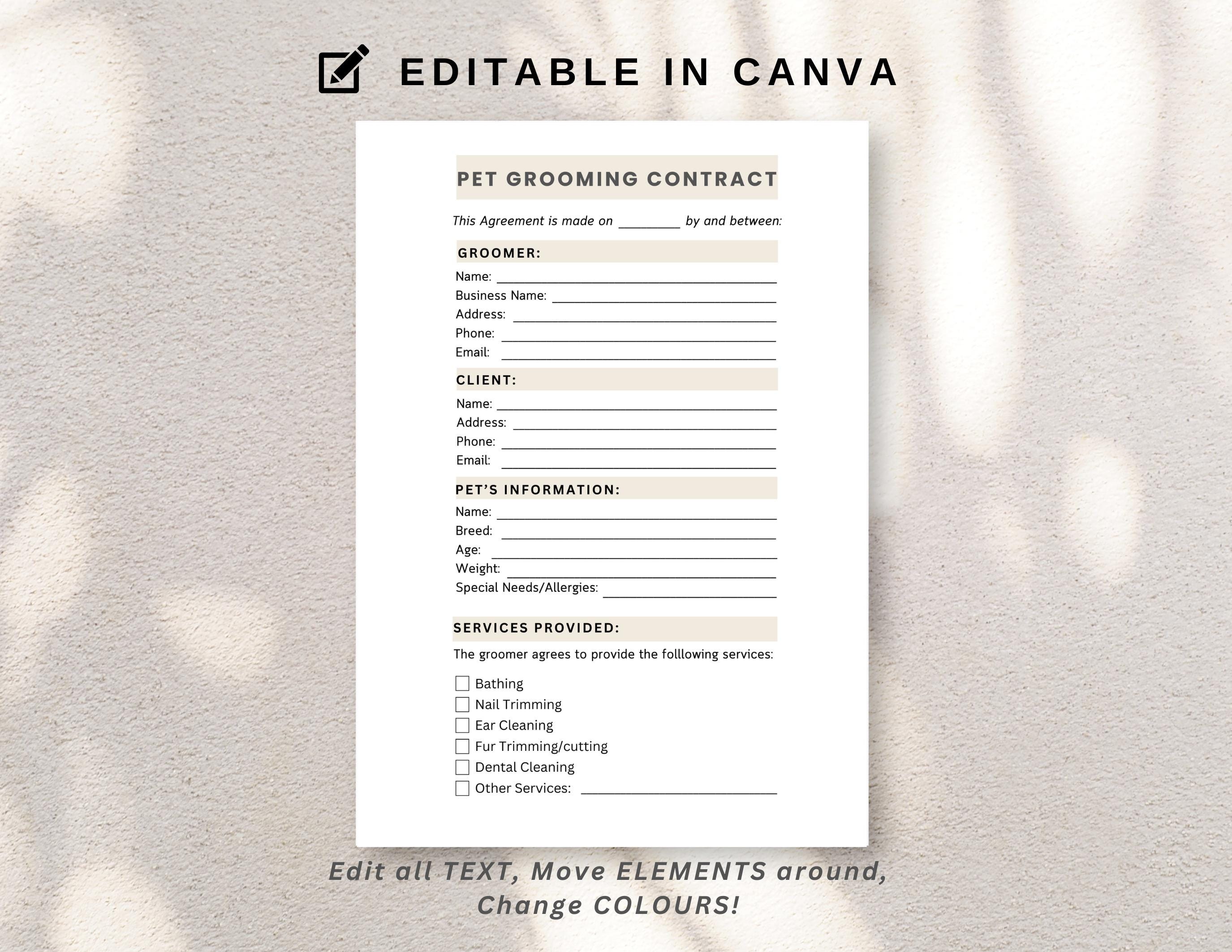 Pet Grooming Contract Printable, Pet Client Grooming Agreement, Dog Cat ...
