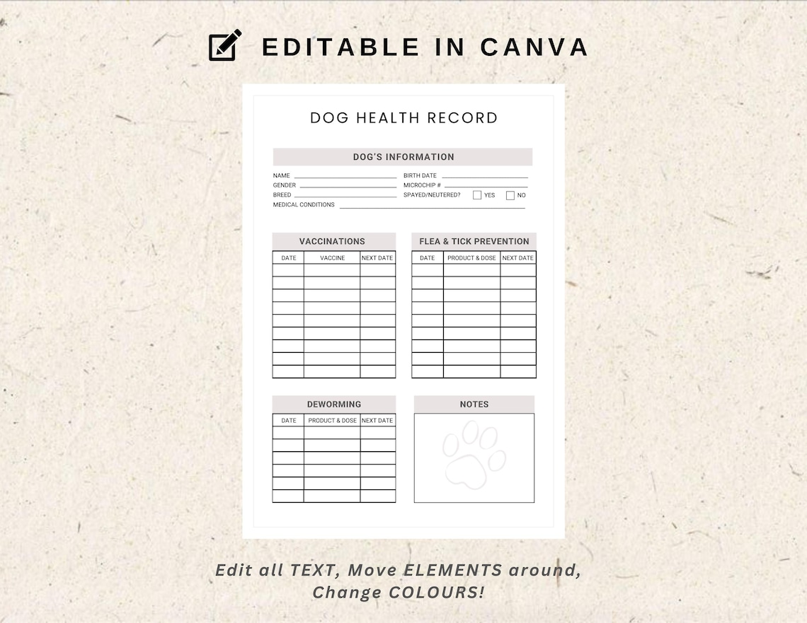 Dog Health Record, Pet Health Record, Dog Breeder Forms, Dog Owner ...