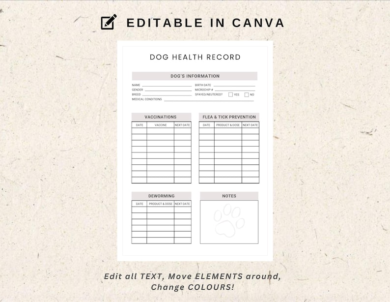Dog Health Record, Pet Health Record, Dog Breeder Forms, Dog Owner ...