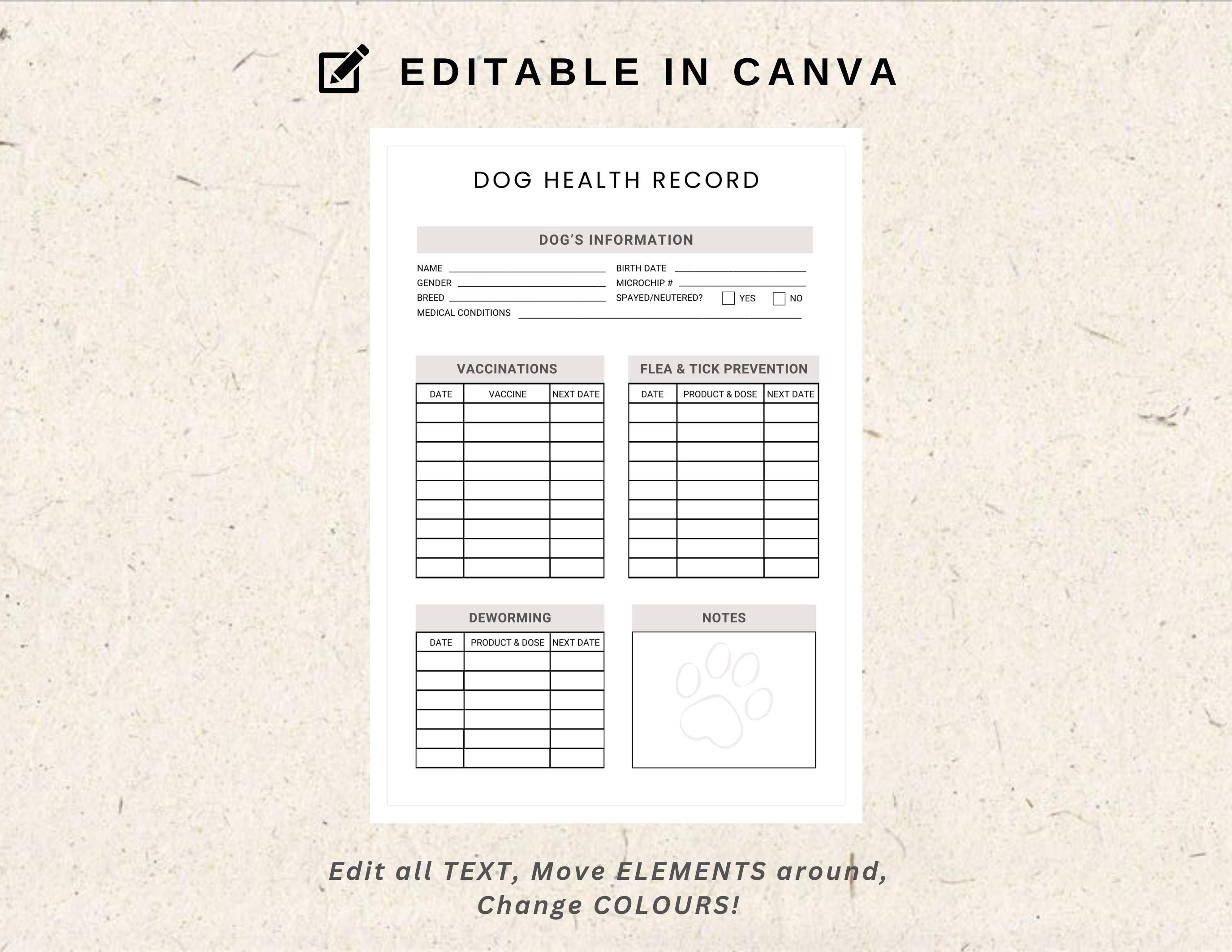 Dog Health Record, Pet Health Record, Dog Breeder Forms, Dog Owner ...