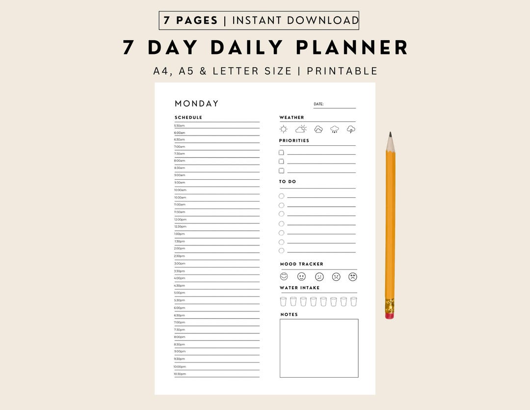 Printable 7 Day Planner, Daily Planner, Weekly Planner, Half Hourly ...