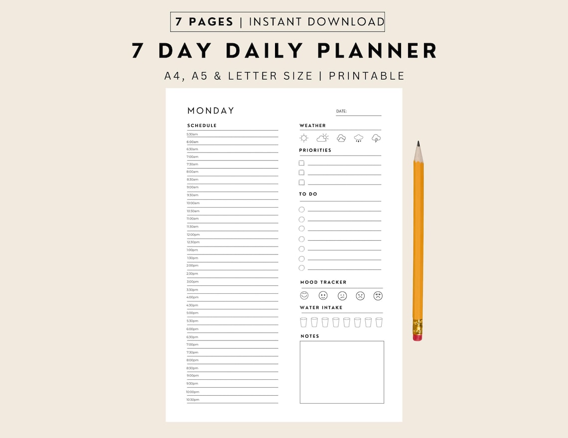 Printable 7 Day Planner, Daily Planner, Weekly Planner, Half Hourly ...