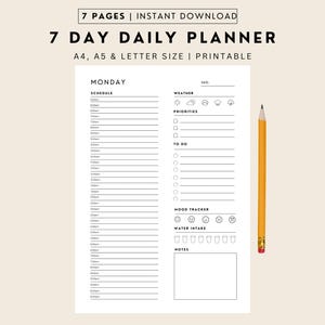 Printable 7 Day Planner, Daily Planner, Weekly Planner, Half Hourly ...