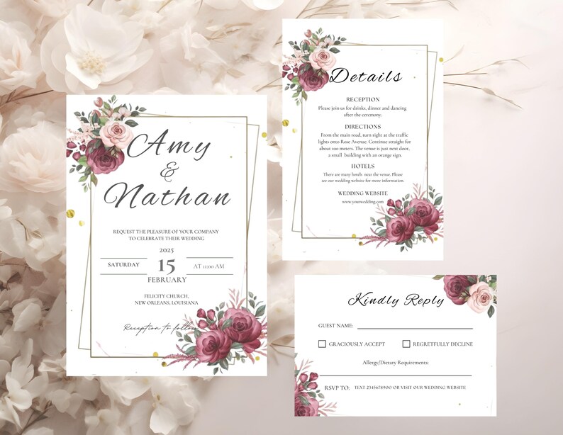 Brick Red Pink Roses Wedding Invitation Template Set Editable in Canva ...