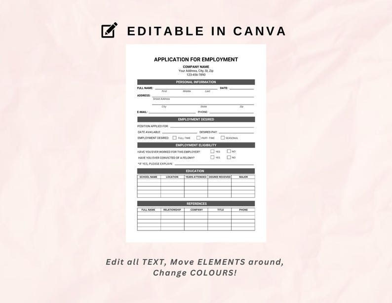 Employment Application Template, Editable and Printable Application for ...