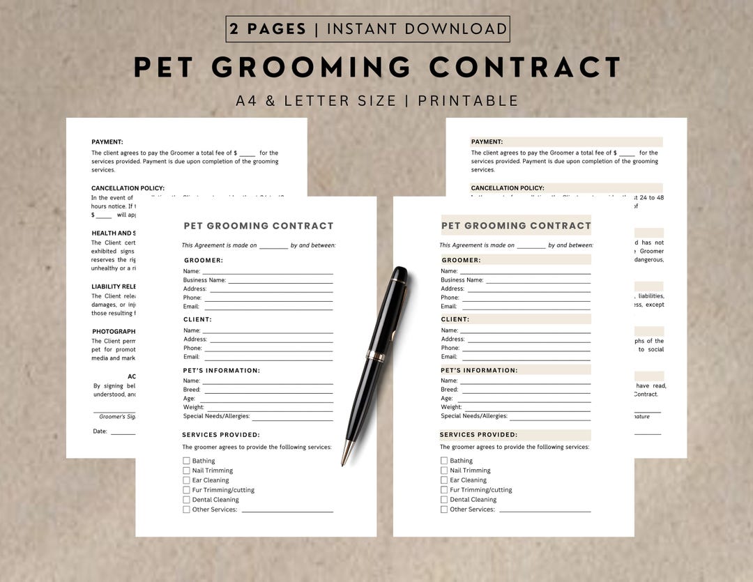 Pet Grooming Contract Printable, Pet Client Grooming Agreement, Dog Cat ...
