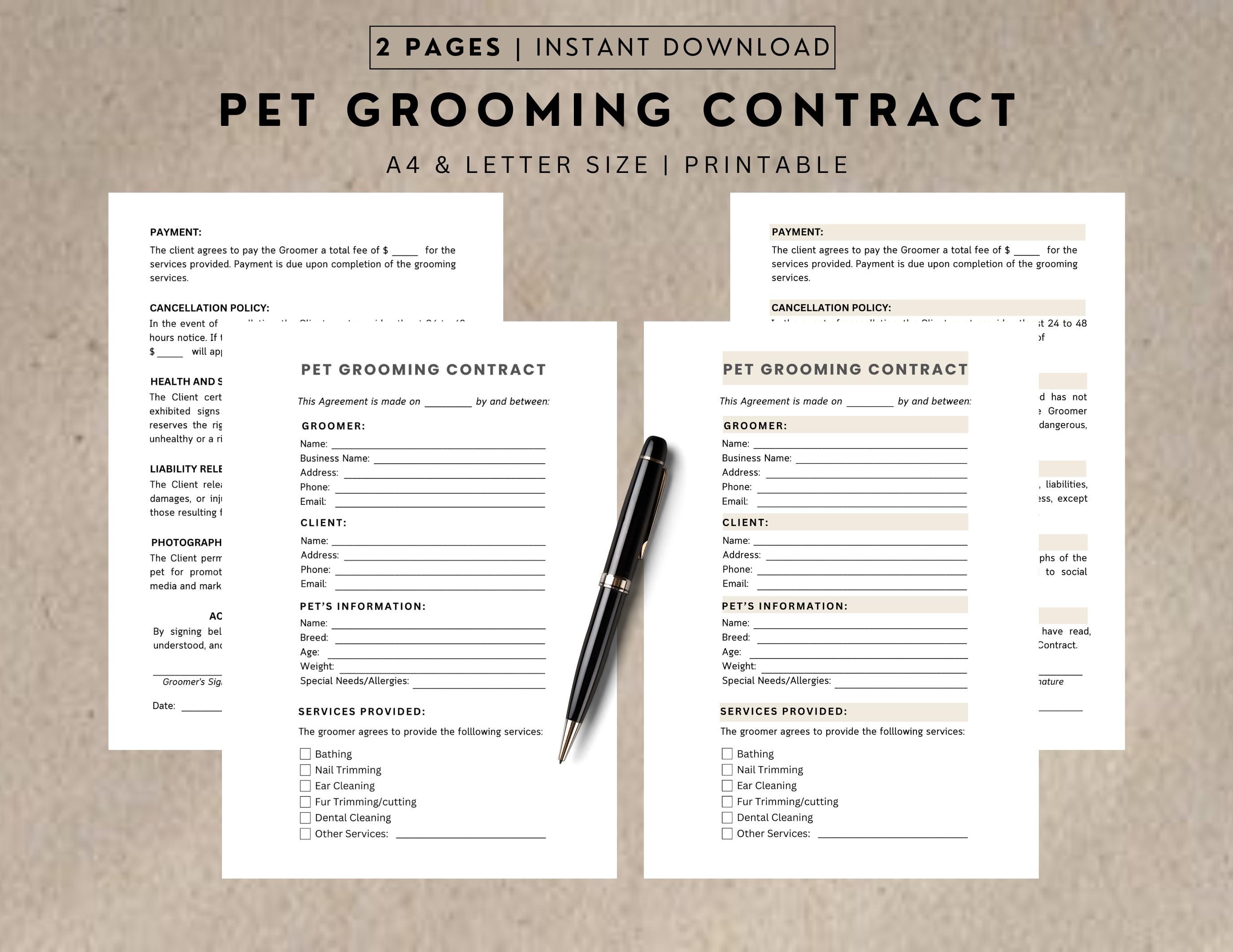 Pet Grooming Contract Printable, Pet Client Grooming Agreement, Dog Cat ...