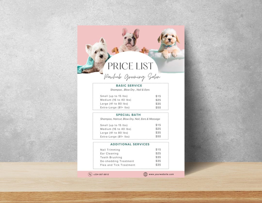 Pet Salon Grooming Price List Canva Template, Pet Groomer Editable Price List, Pet Grooming ...