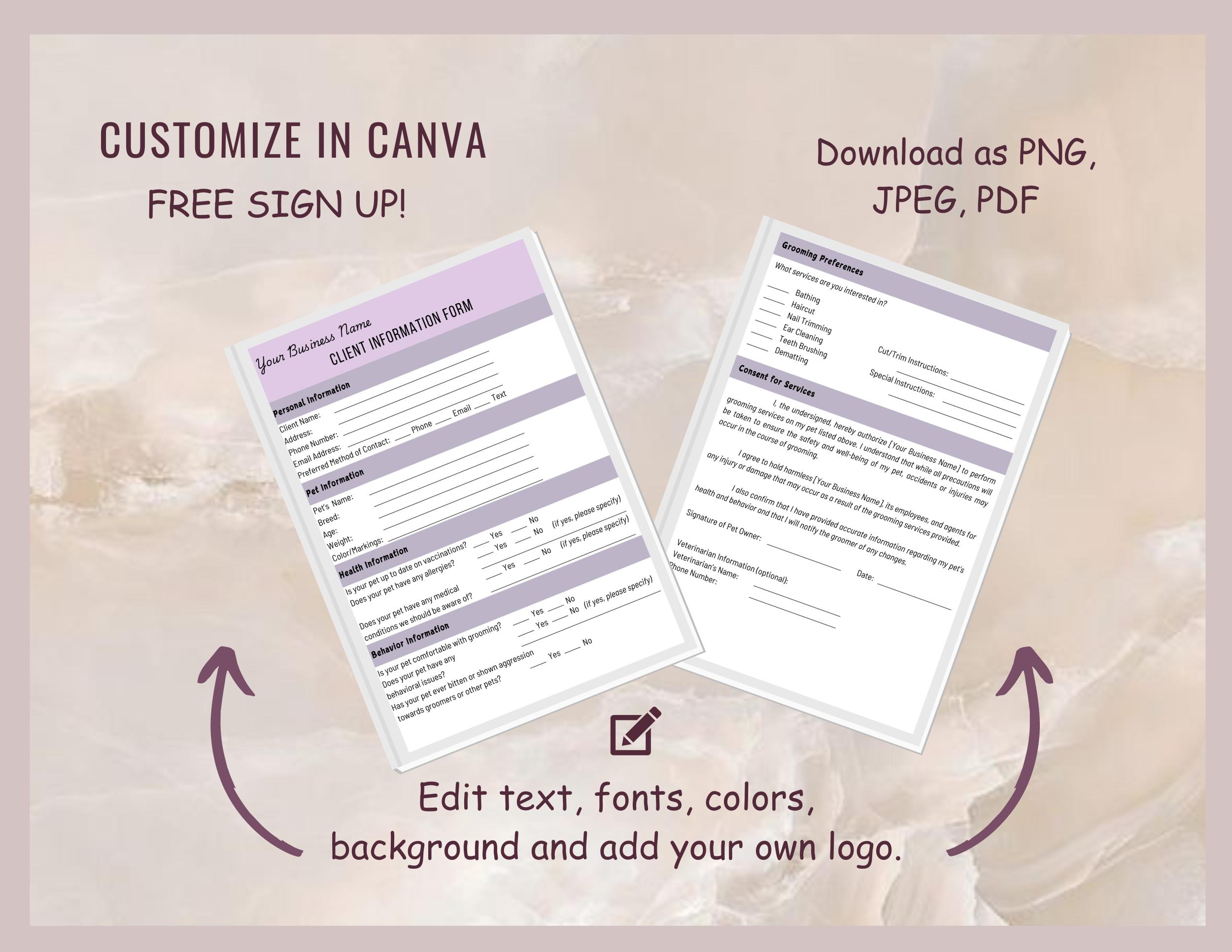 Client Information Form Template Editable in Canva and Printable Dog ...