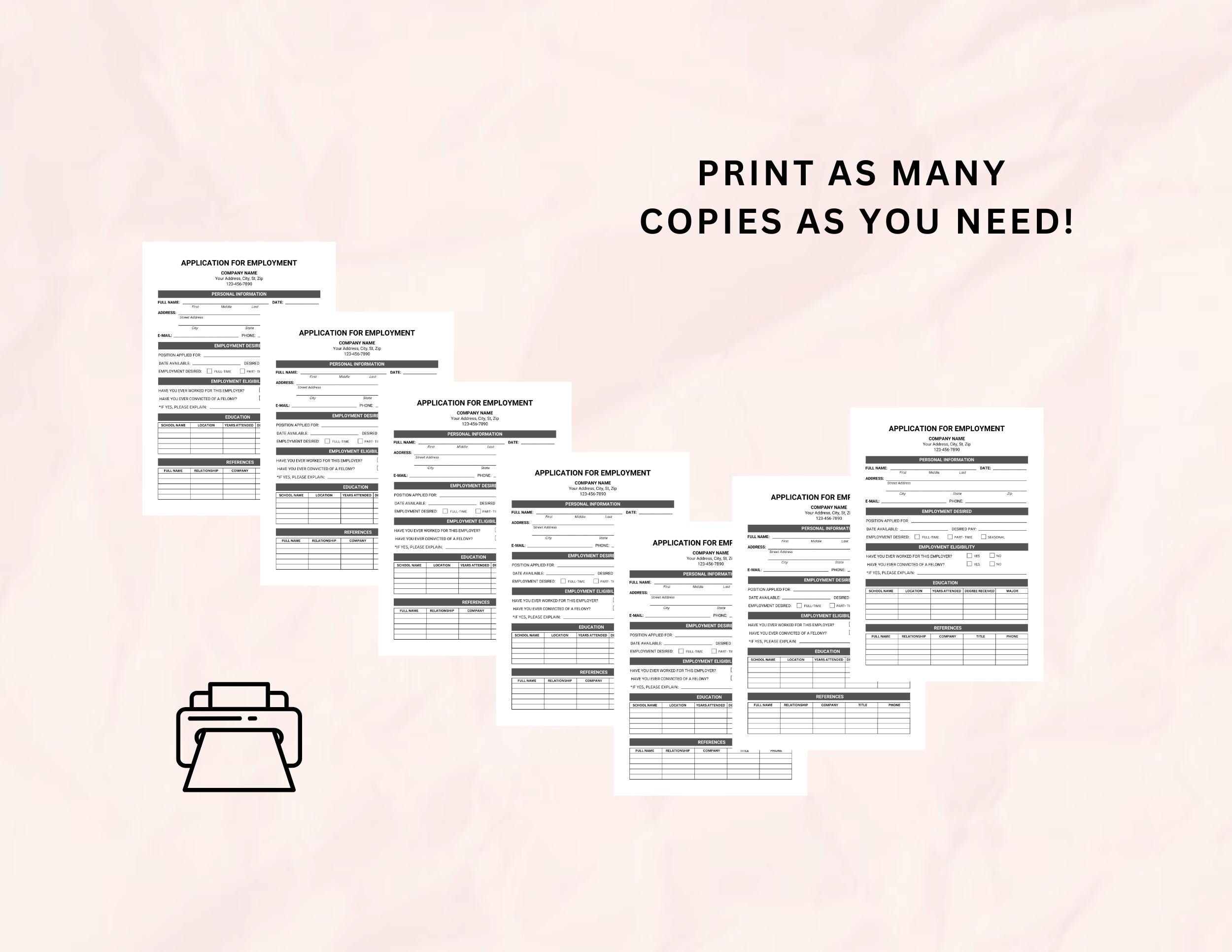Employment Application Template, Editable and Printable Application for ...
